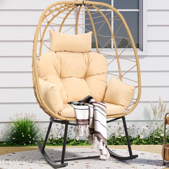 Wicker Rocking Egg Chair Patio Resilient Lounger w/Cushioned Outdoor ...