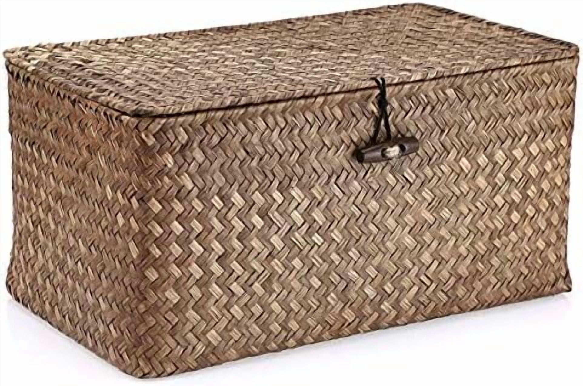 Wicker Shelf Baskets Bin with Lid, Handwoven Seagrass Basket Storage ...