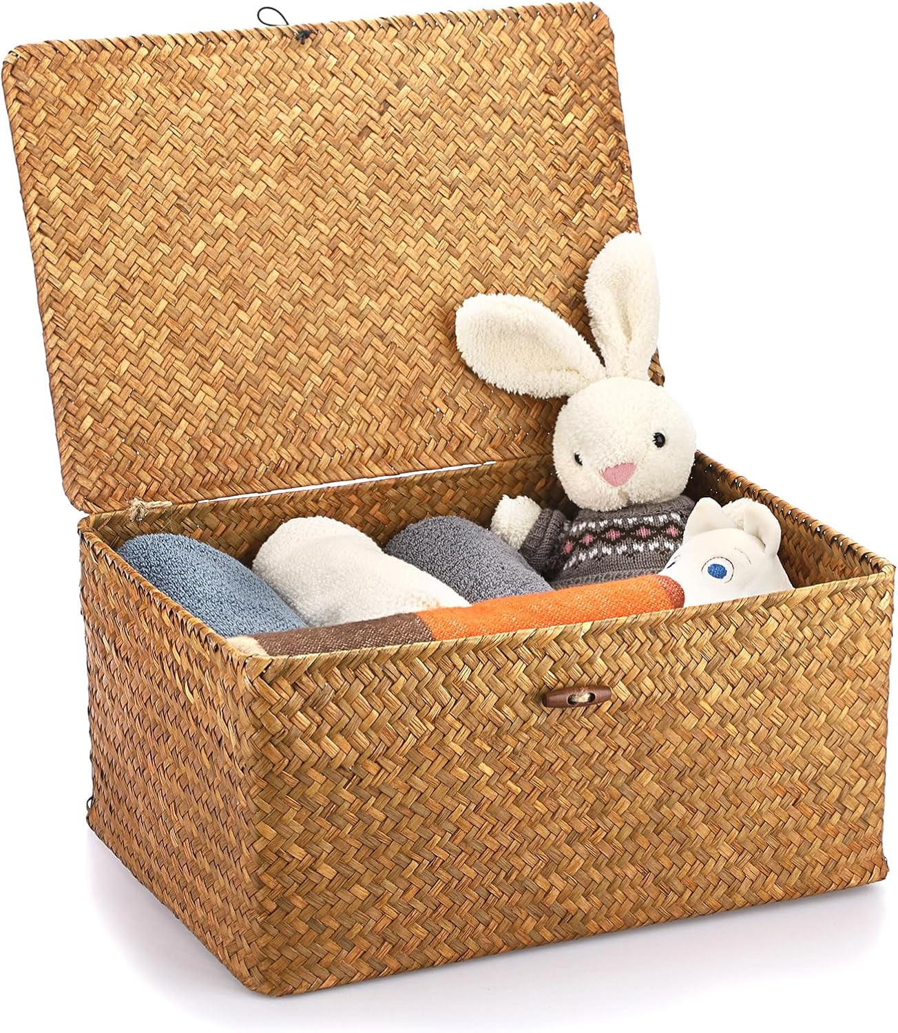Wicker Shelf Storage Basket Bin with Lid, Handwoven Seagrass ...