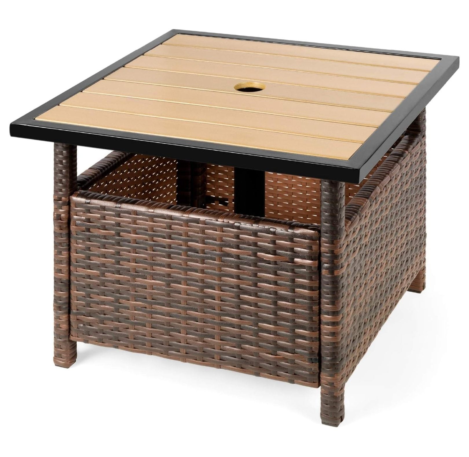 Wicker Side Table with Umbrella Hole, Square PE Rattan Outdoor End ...