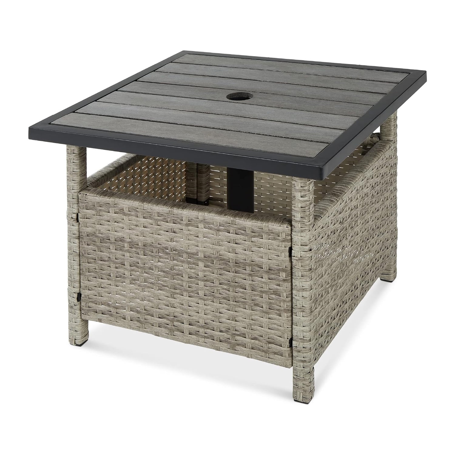 Wicker Side Table with Umbrella Hole, Square Rattan Outdoor End Table ...