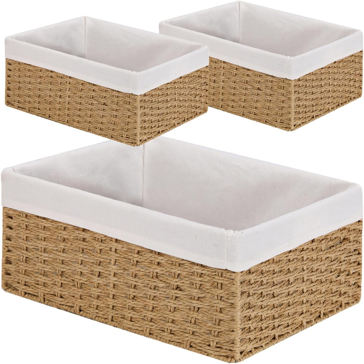 Wicker Storage Basket, 3-Pack Woven Paper Rope Wicker Baskets with ...
