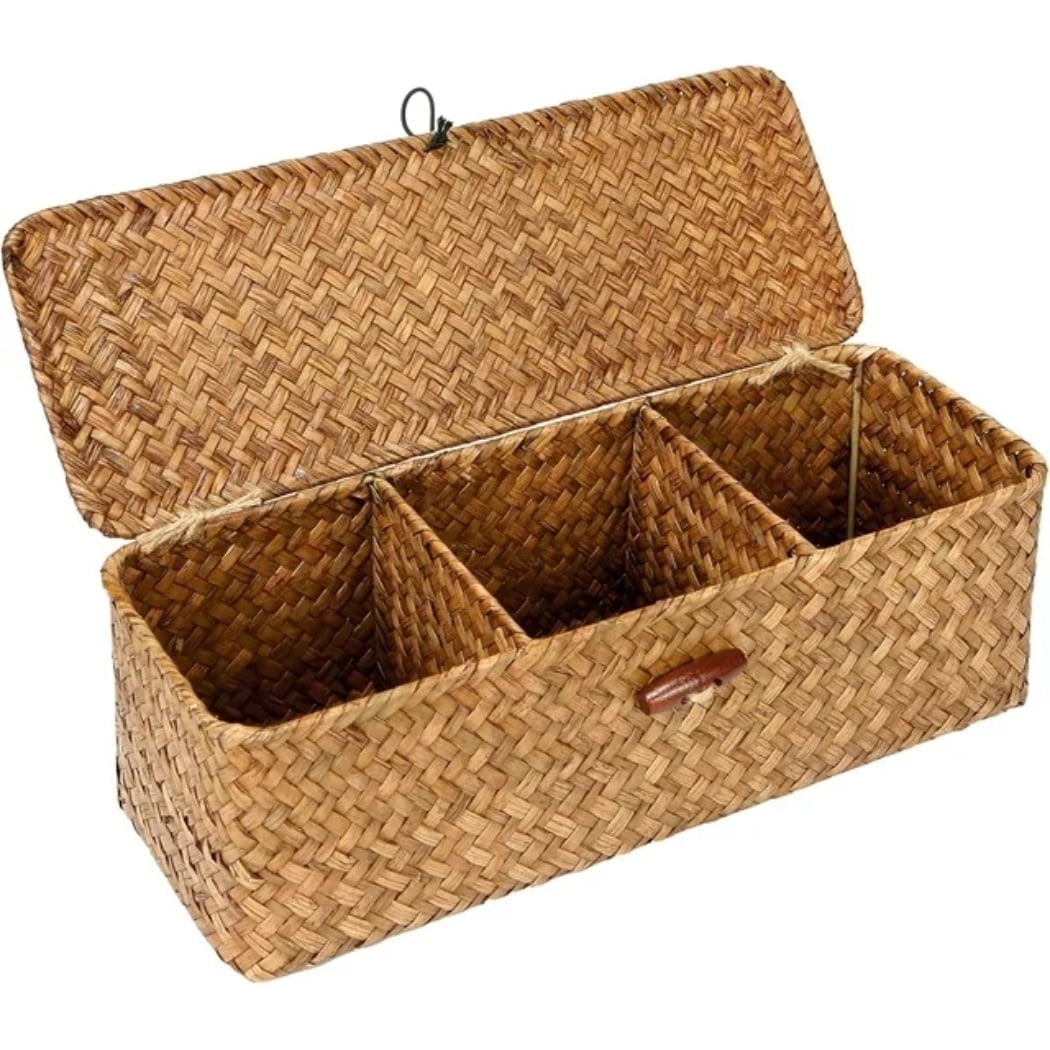 Wicker Storage Basket Bin with Lid,Rectangular Woven Shelf Baskets with ...