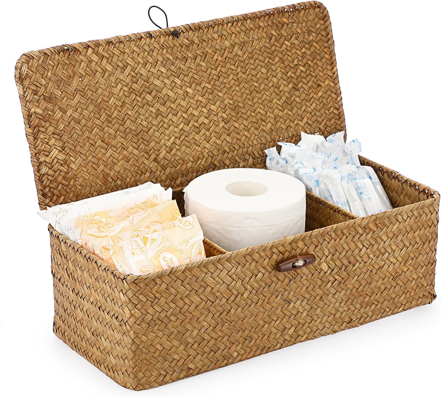 Wicker Storage Basket Bin with Lid Rectangular Woven Shelf Baskets ...