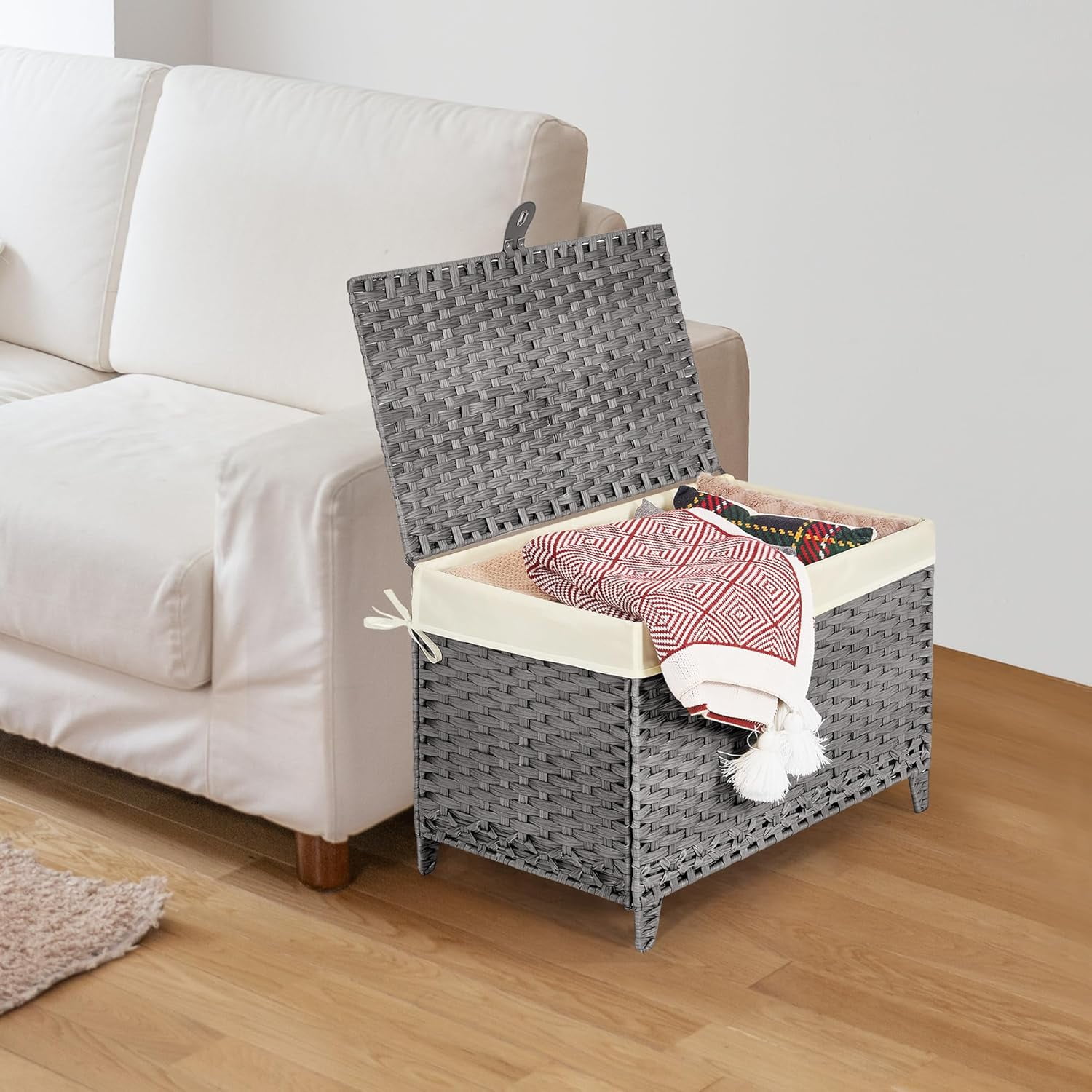 Wicker Storage Basket with Lid,Rattan Shelf Basket with Removable Liner ...