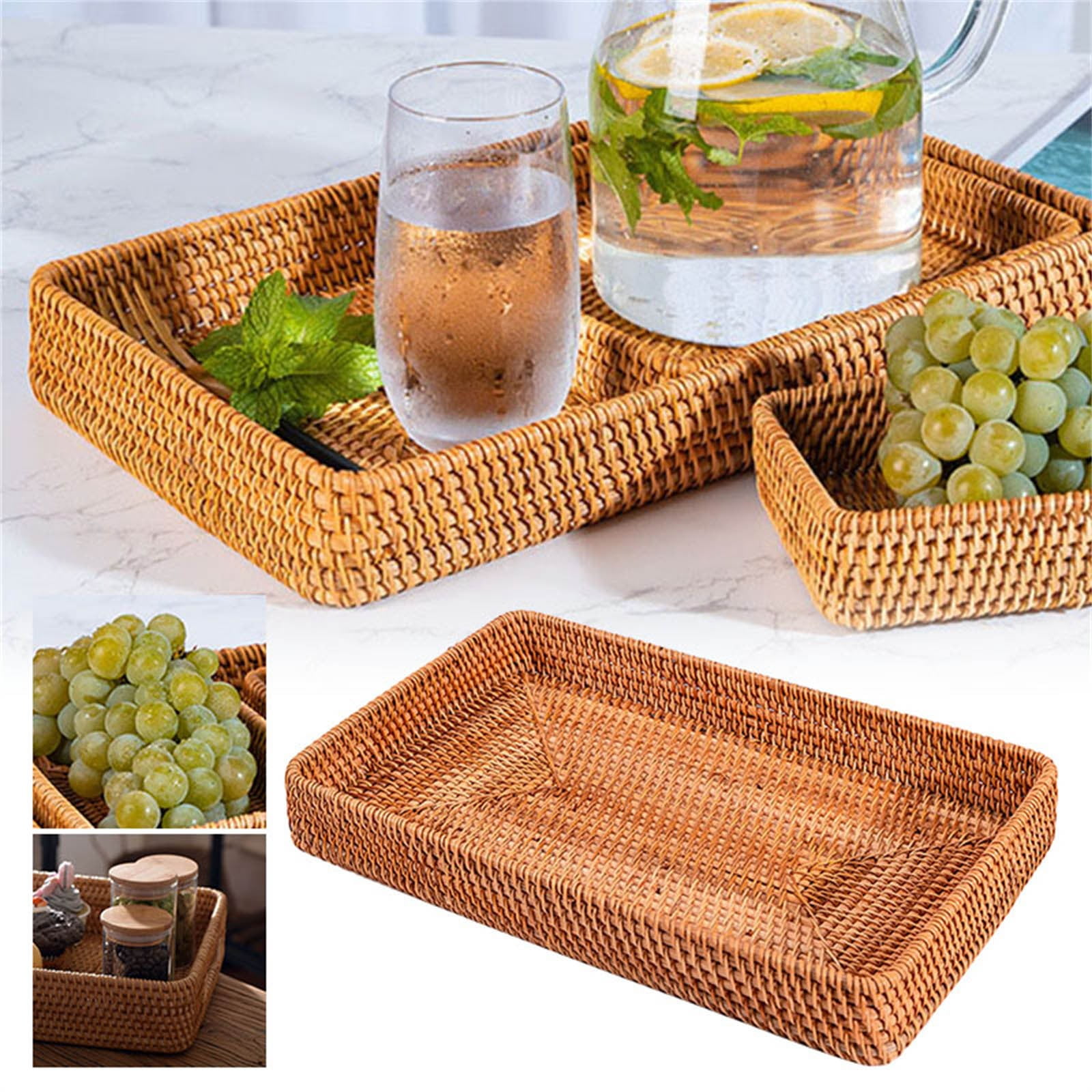 Wicker Storage Basket, Rattan Tray Rectangular for Bathroom Living Room ...
