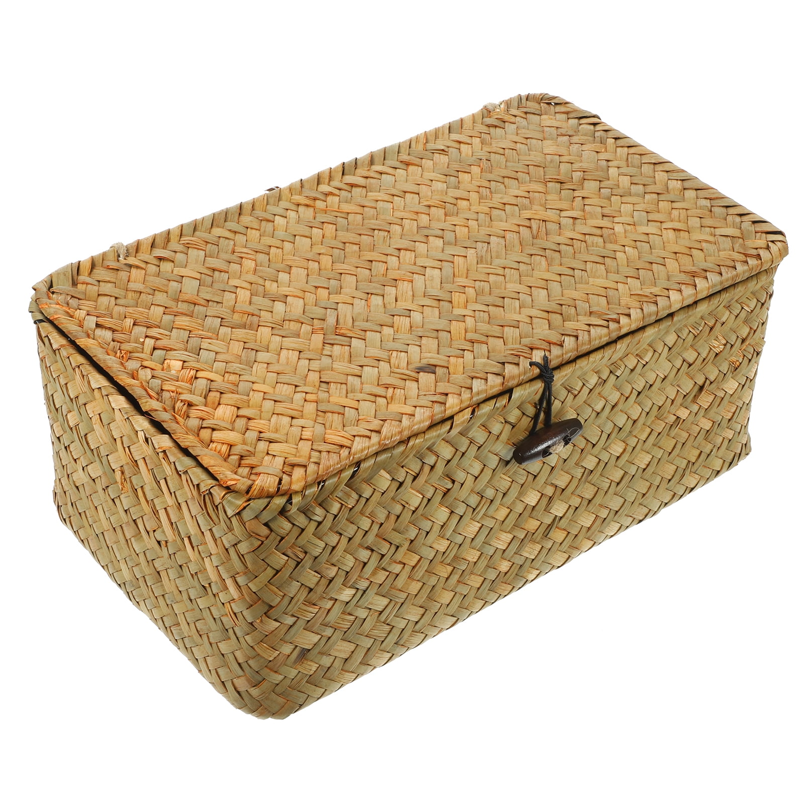 Wicker Storage Basket with Lid Toy Chest Box Seaweed Woven Button Child ...