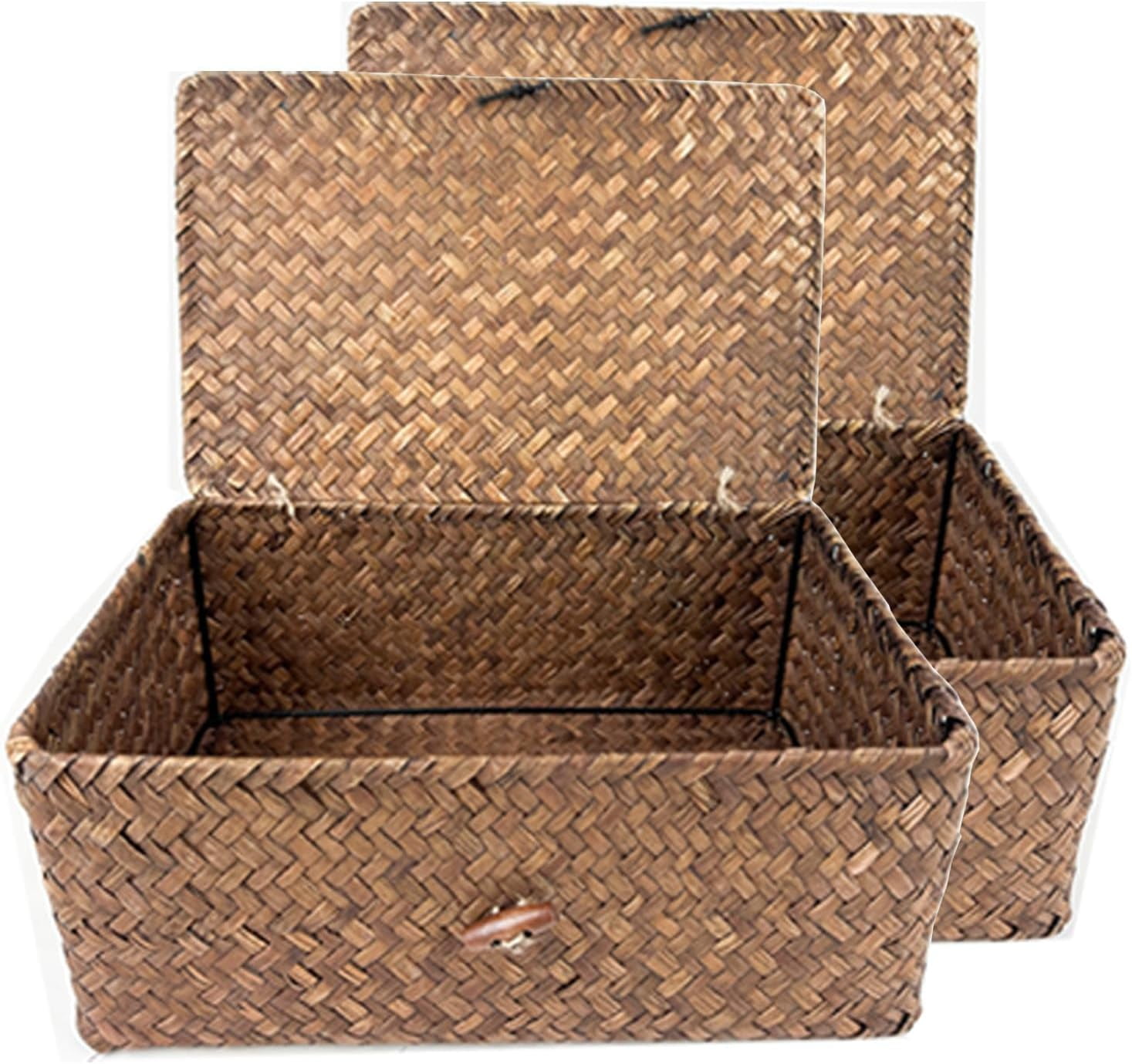 Wicker Storage Baskets Bin with Lid, Set of 2 Handwoven Seagrass ...