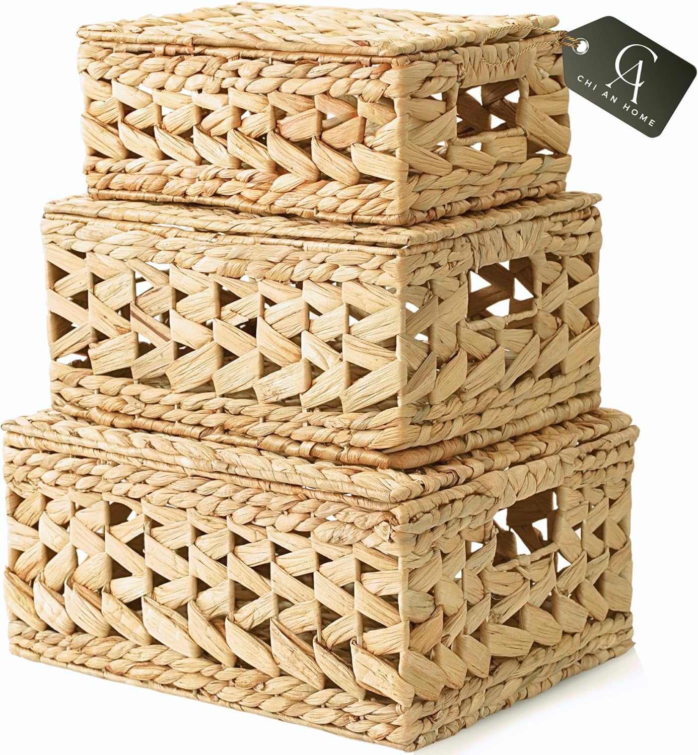 Wicker Storage Baskets with Lids, Set of 3 Natural Water Hyacinth ...