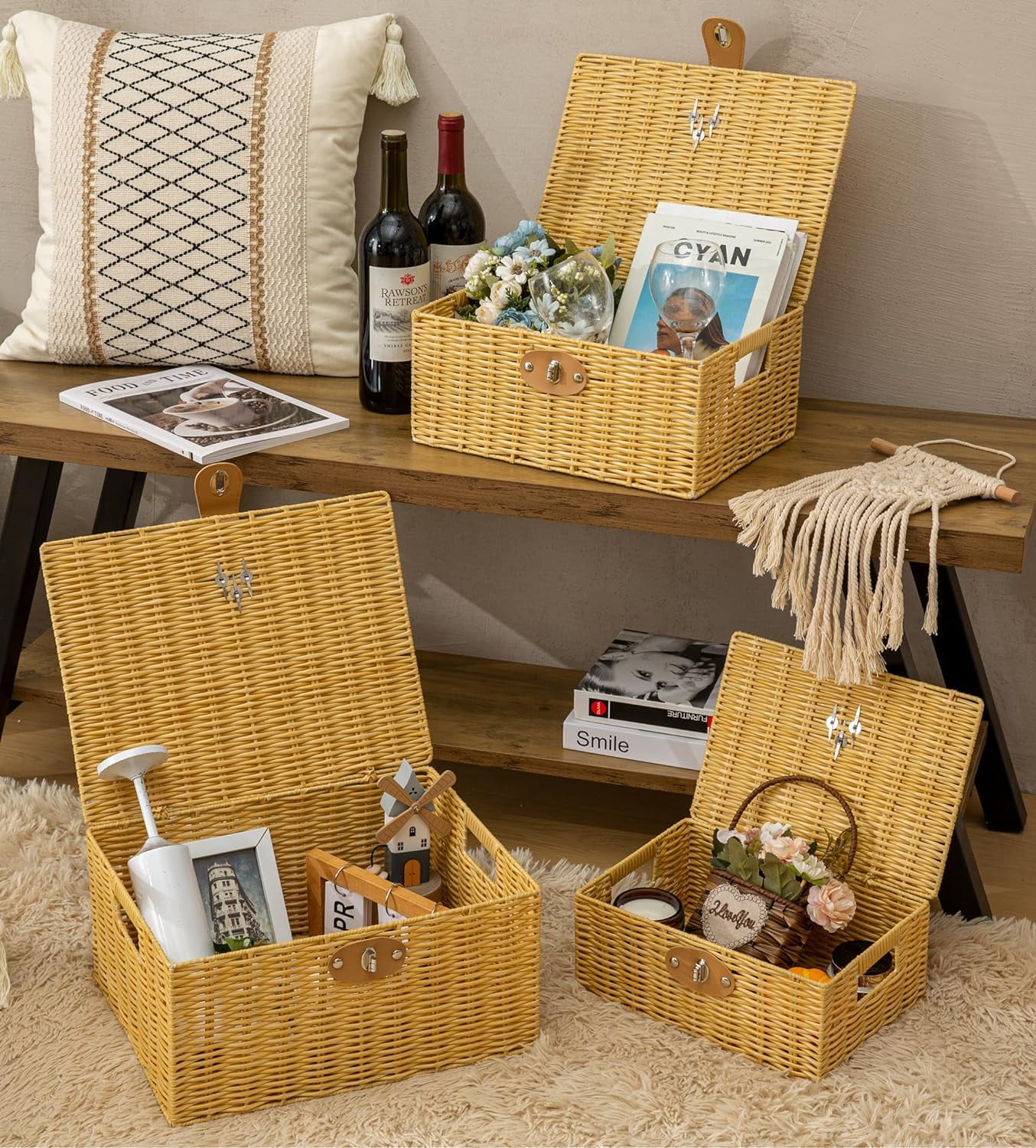 Wicker Storage Baskets with Lids, Set of 3 Decorative Storage Boxes For ...