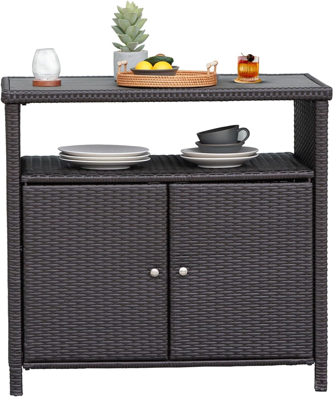 Wicker Storage Cabinet Outdoor Waterproof Buffet Cabinet Patio Bar ...