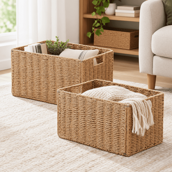 Wicker Storbasket Set Of 2 Hand-woven Paper Rope Small Baskets For ...