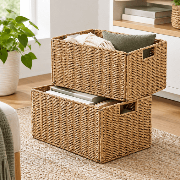 Wicker Storbasket Set Of 2 Hand-woven Paper Rope Small Baskets For ...
