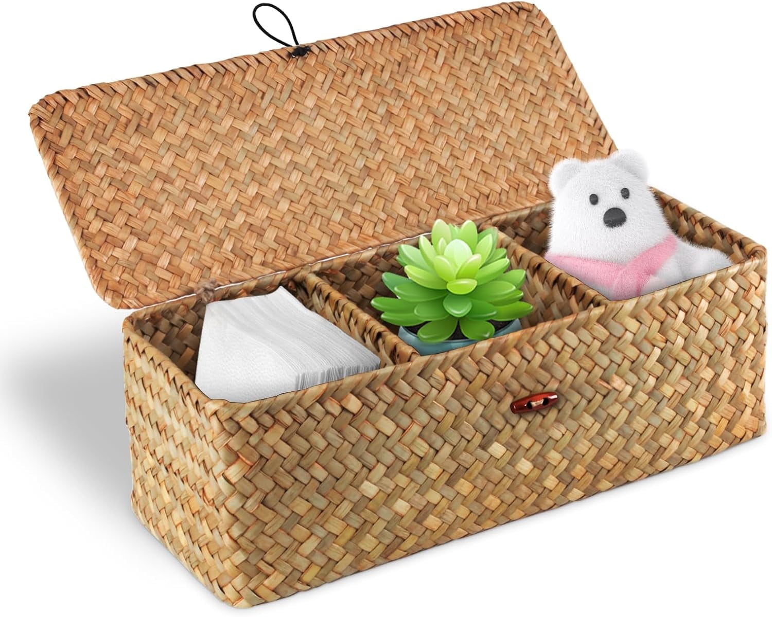 Wicker Tank Basket with Lid,Woven Storage Basket with 3 Sections ...