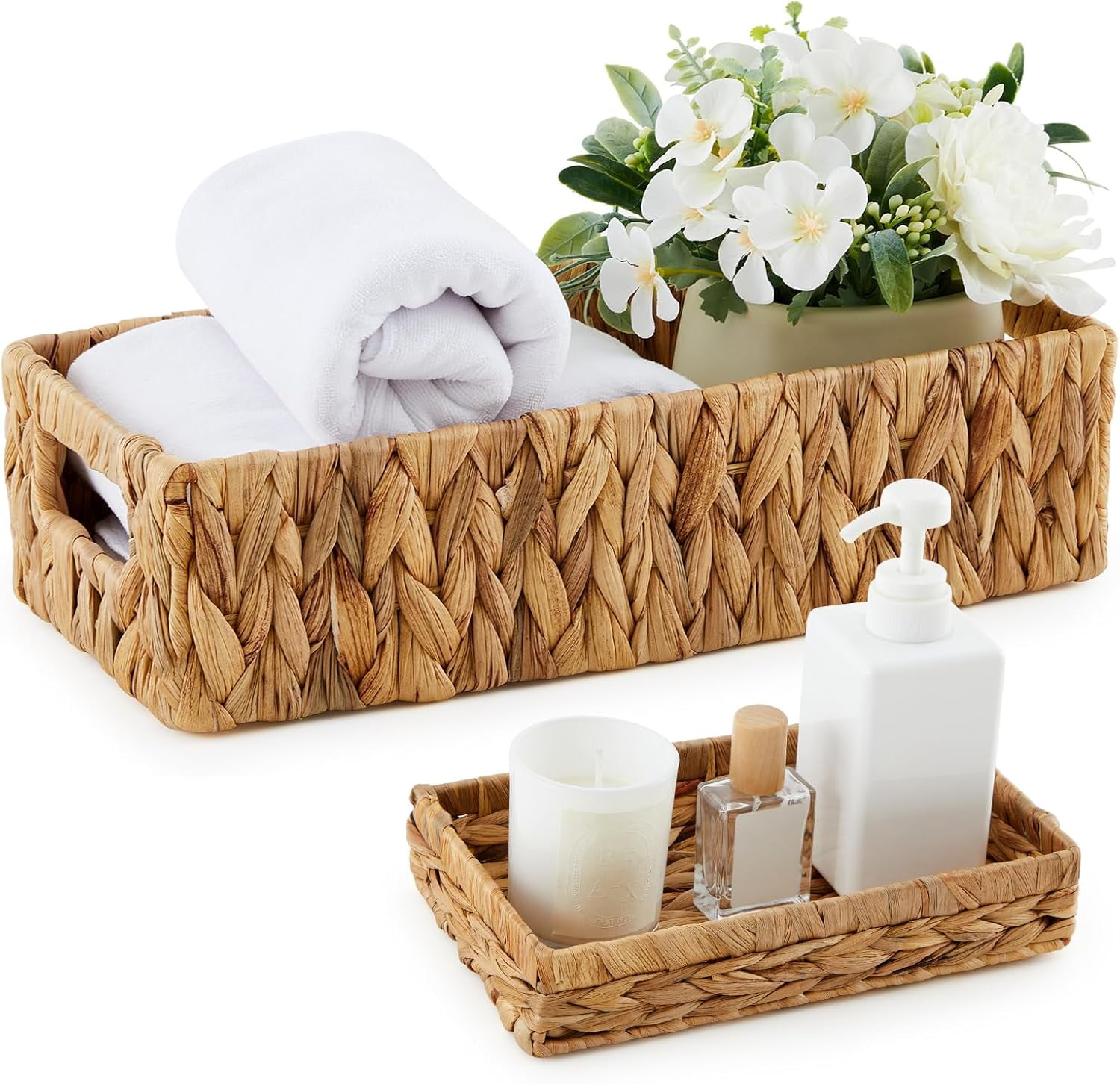 Wicker Toilet Tank Basket Topper and Vanity Tray Set Decorative Rattan ...