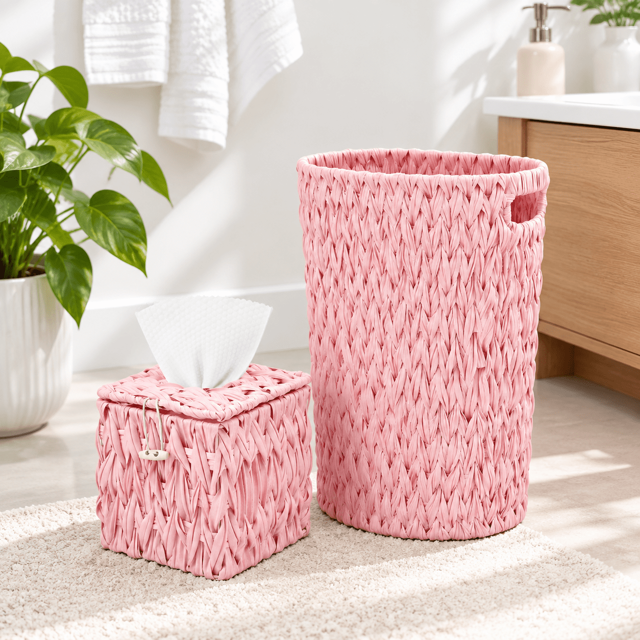 Wicker Trash Can And Square Tissue Box Cover 4 Gallon Water Hyacinth ...