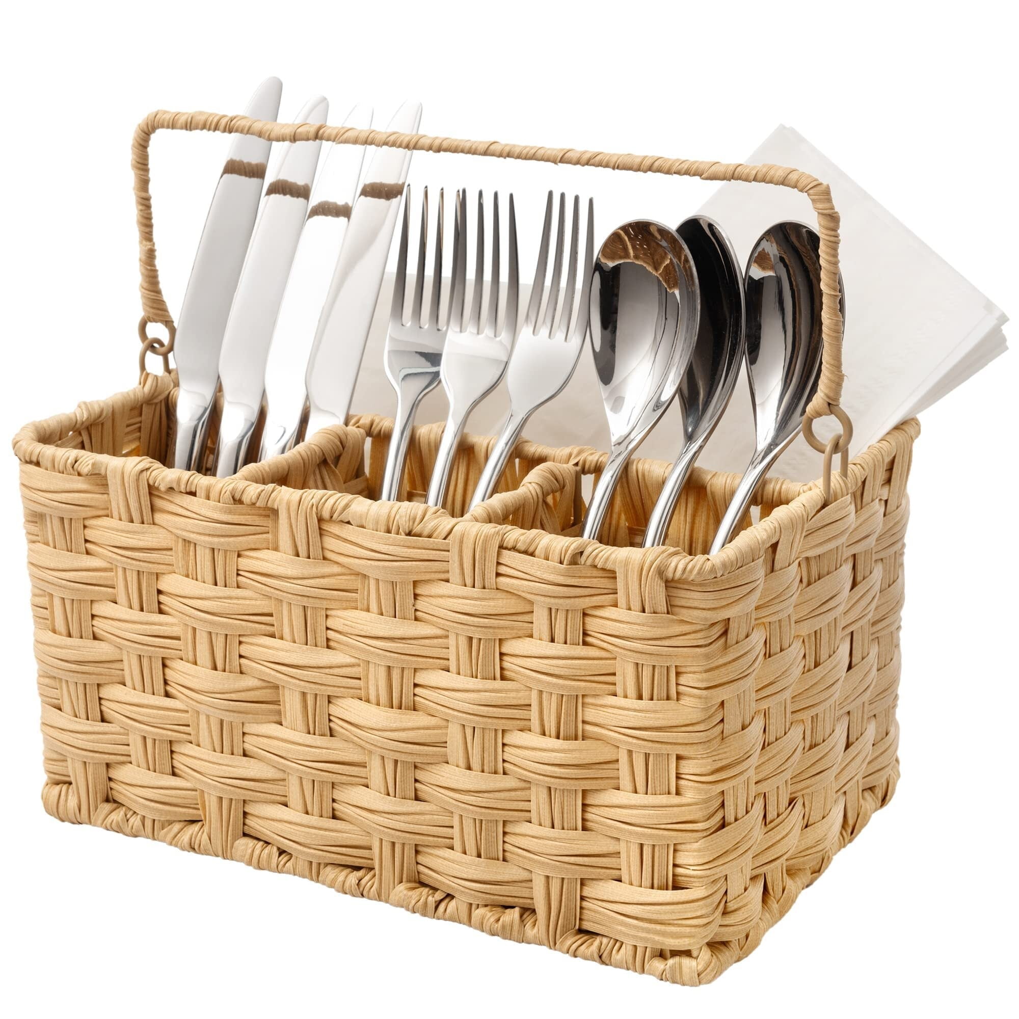Wicker Utensil Holder Organizer with Handle, Flatware Caddy for Kitchen ...