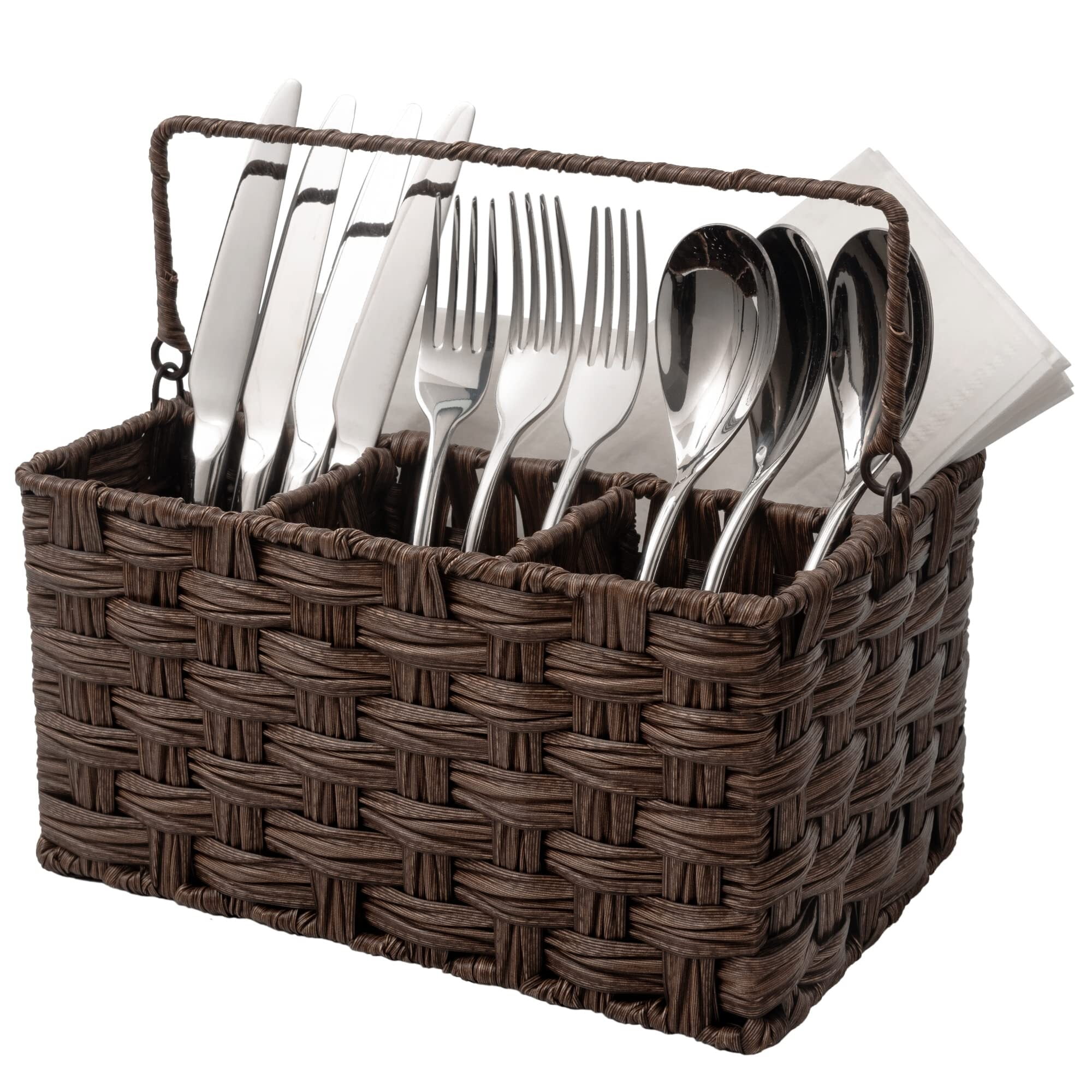Wicker Utensil Holder Organizer with Handle, Flatware Caddy for Kitchen ...