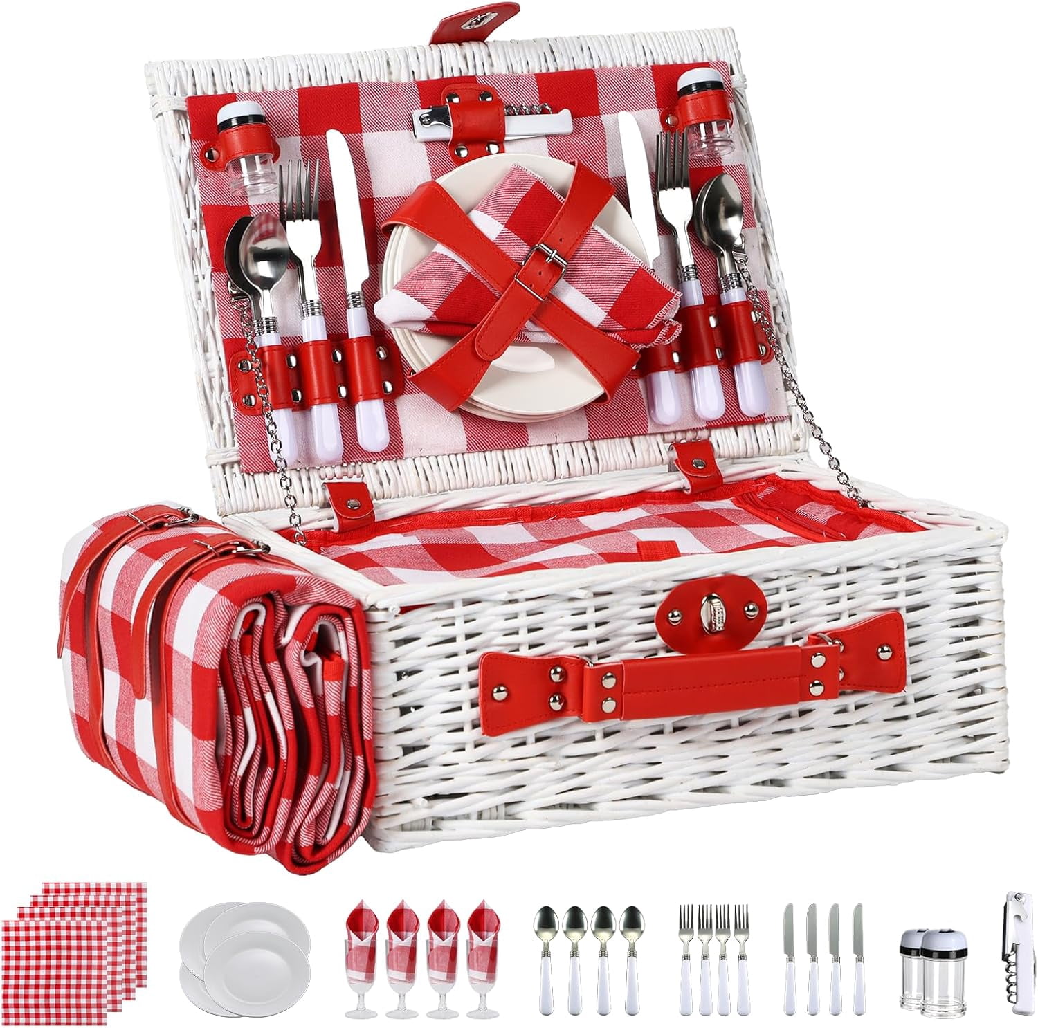 Wicker Willow Picnic Basket Set for 4 with Insulated Cooler Bag and ...