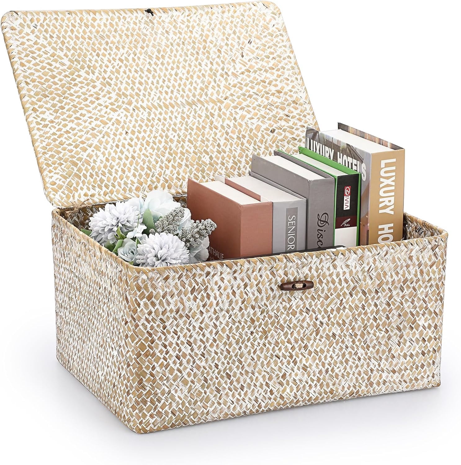 Wicker Woven Basket with Lid Natural Seagrass Storage Bin Rectangular ...