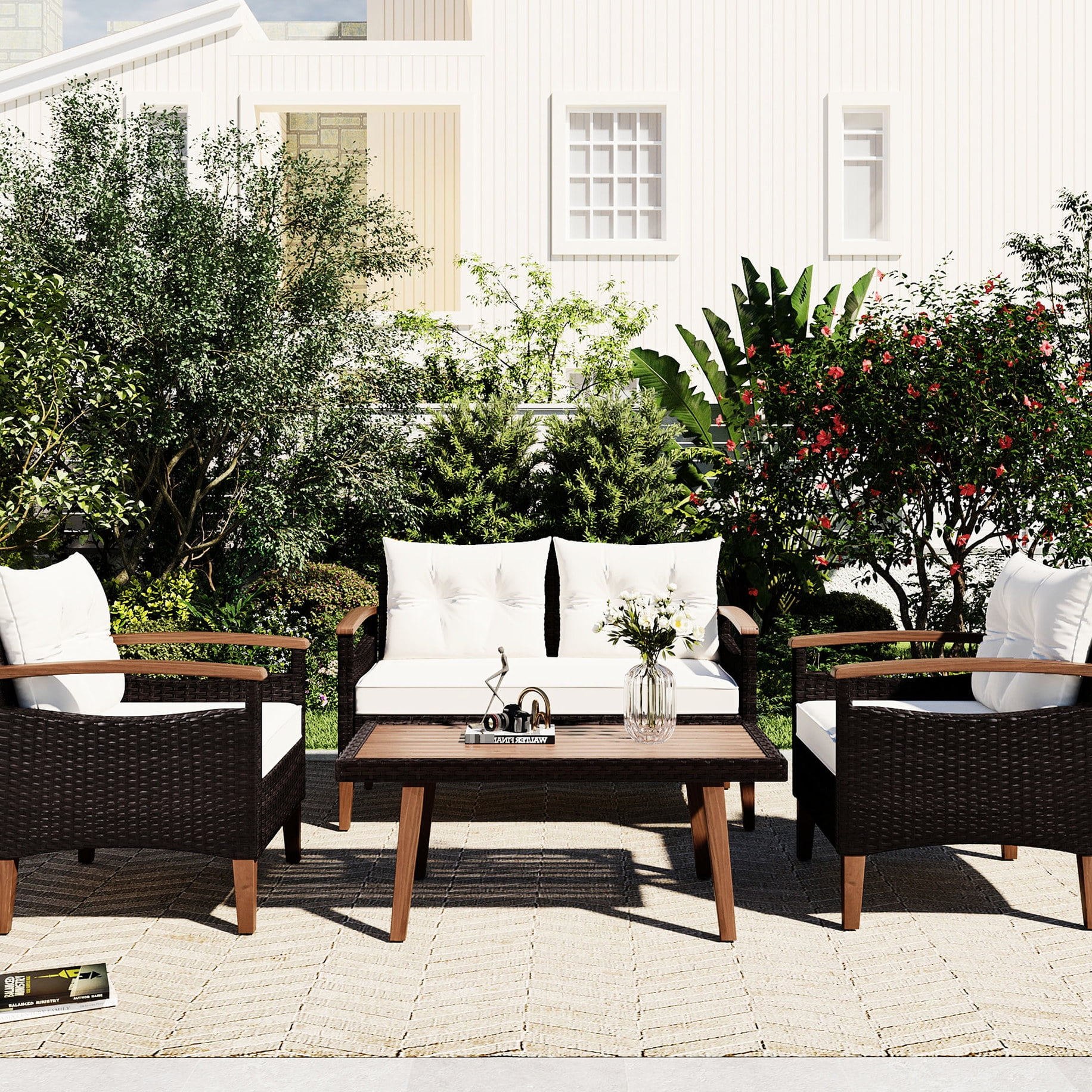 Wicker and Wood Construction, 4 - Piece Set - Adjustable Legs for ...