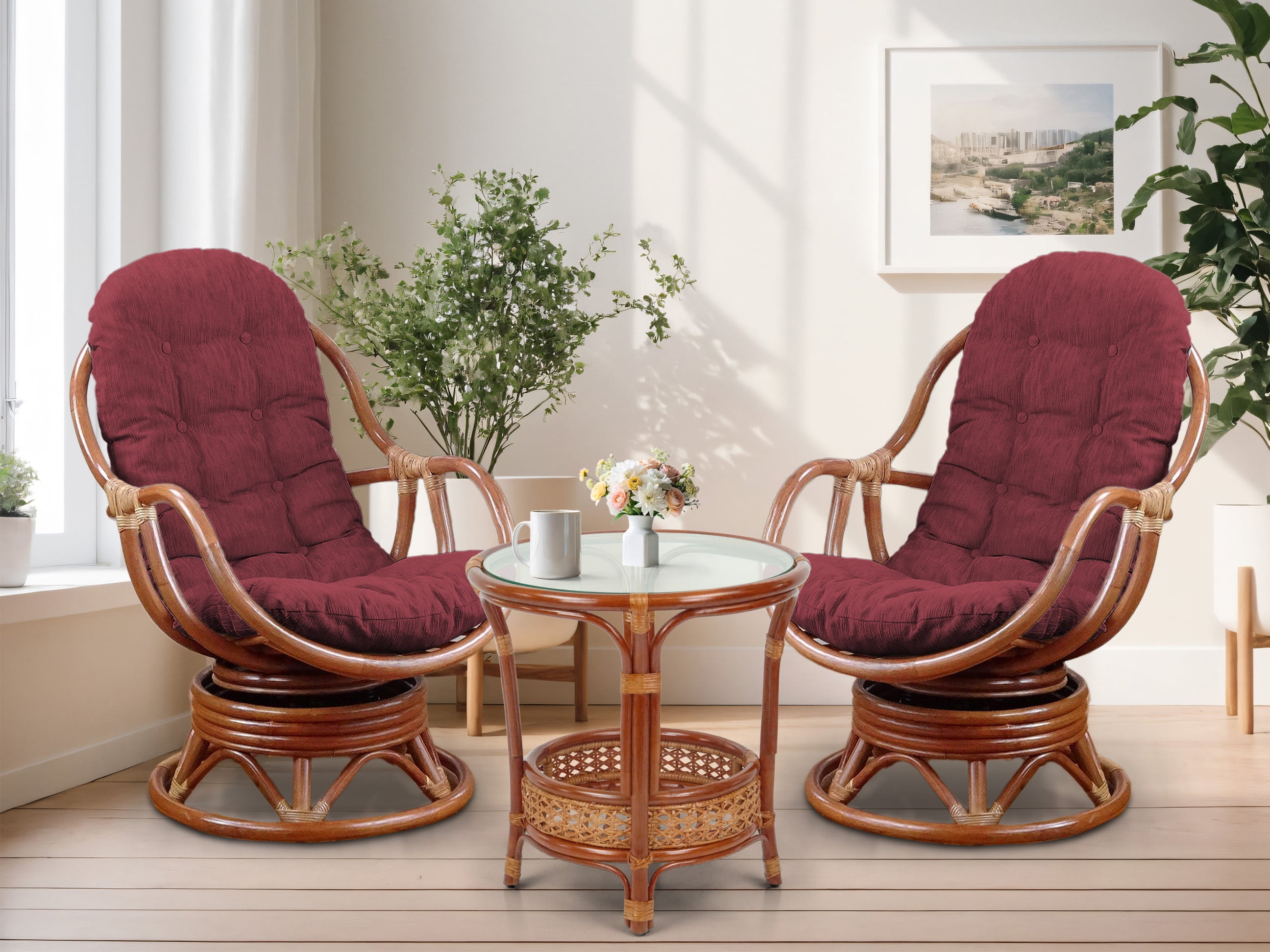 Wickerix Set of 2 Bali Lounge Swivel Rocking Chairs with Dark Brown ...