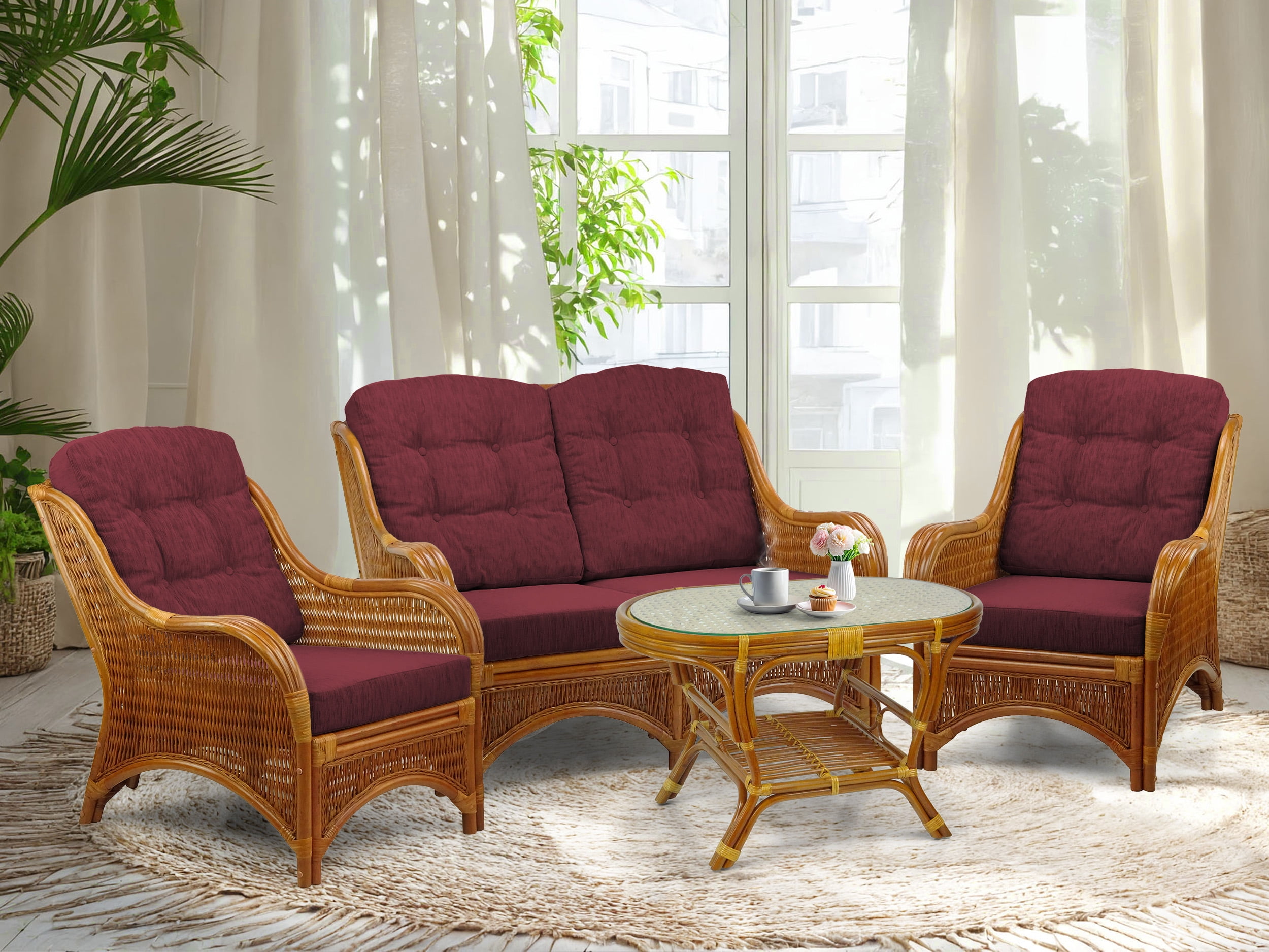 Wickerix Set of 2 Jam Lounge Natural Rattan Chairs Loveseat w/Dark ...