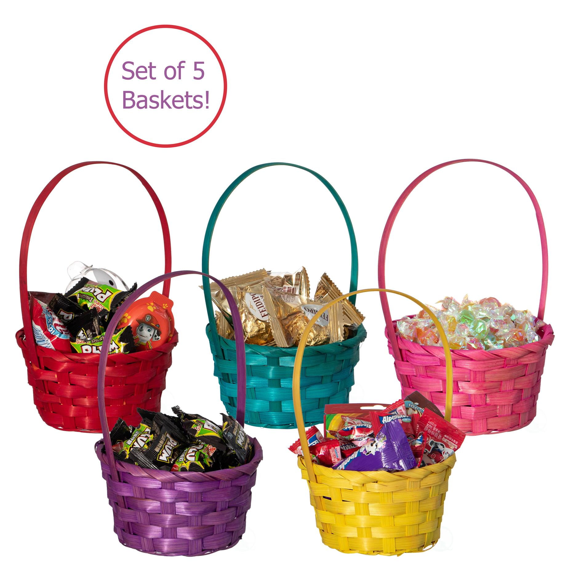 Wickerwise 5 Assorted Color Bamboo Wicker Round Baskets with Handles ...