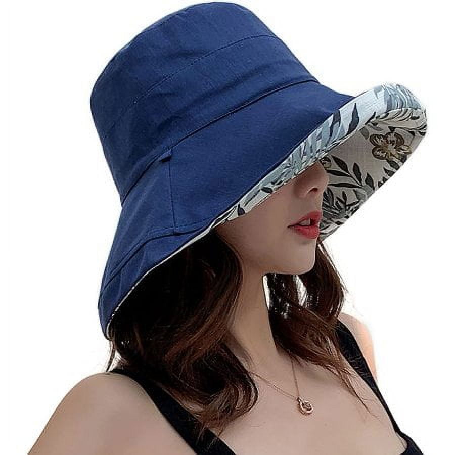 Wide Brim Cotton Summer Hat,Women's Packable Reversible Floral Bucket Hat Sun Protection Beach ...