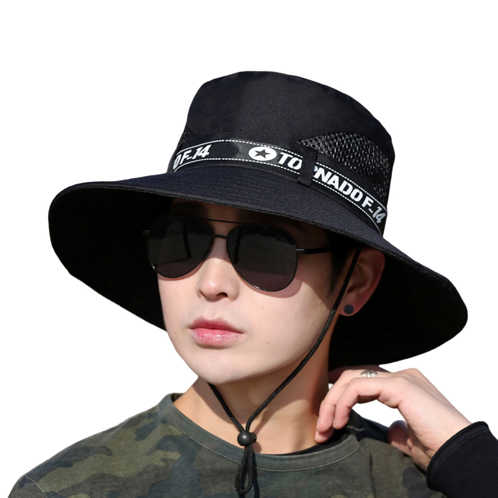 Wide Brim Flat Top Round Letter Print Windproof Strap Hollow Out Sun ...
