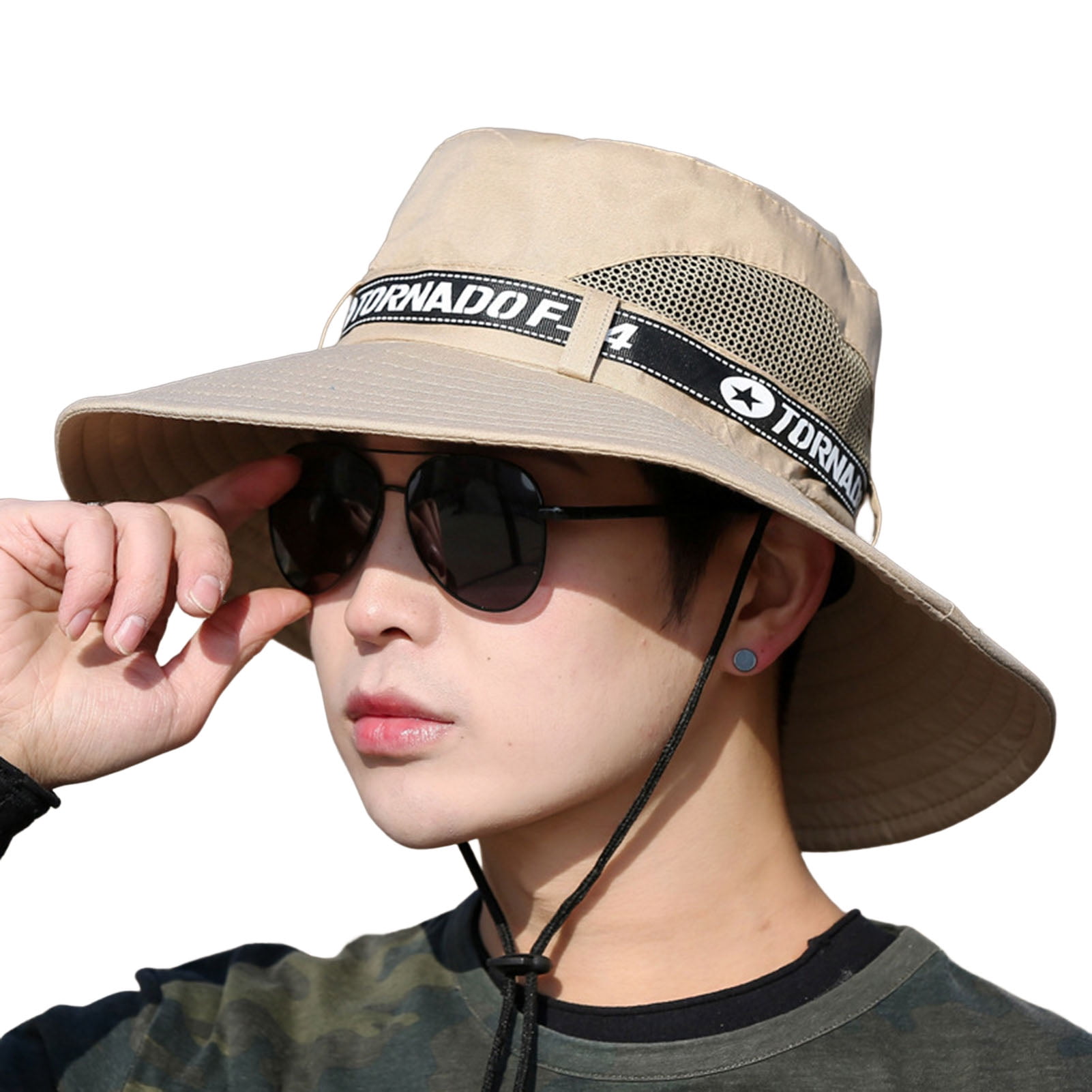 Wide Brim Flat Top Round Letter Print Windproof Strap Hollow Out Sun ...