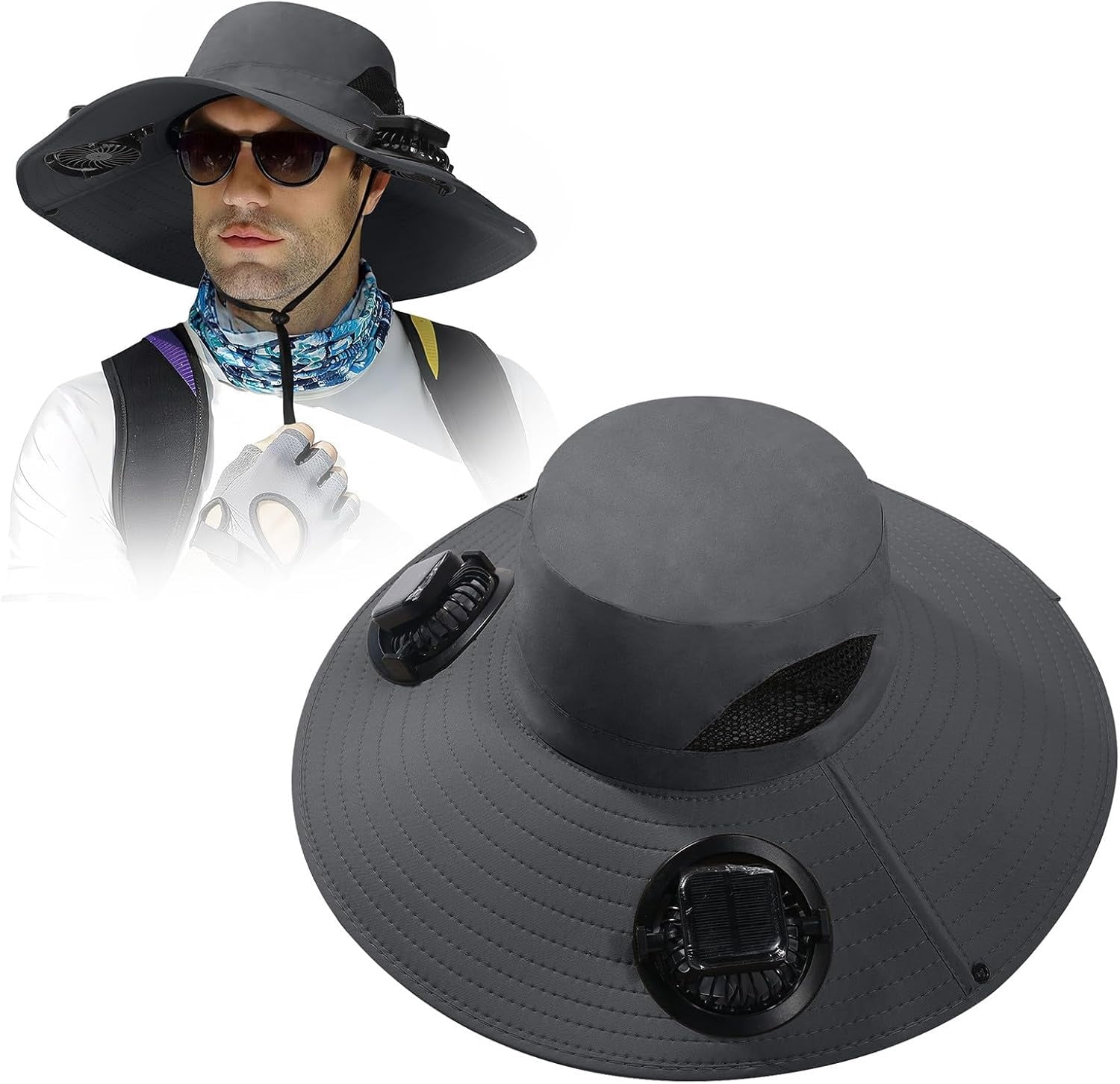 Wide Brim Solar Fan Hat,Removable 2 Fans with USB Charging Waterproof ...