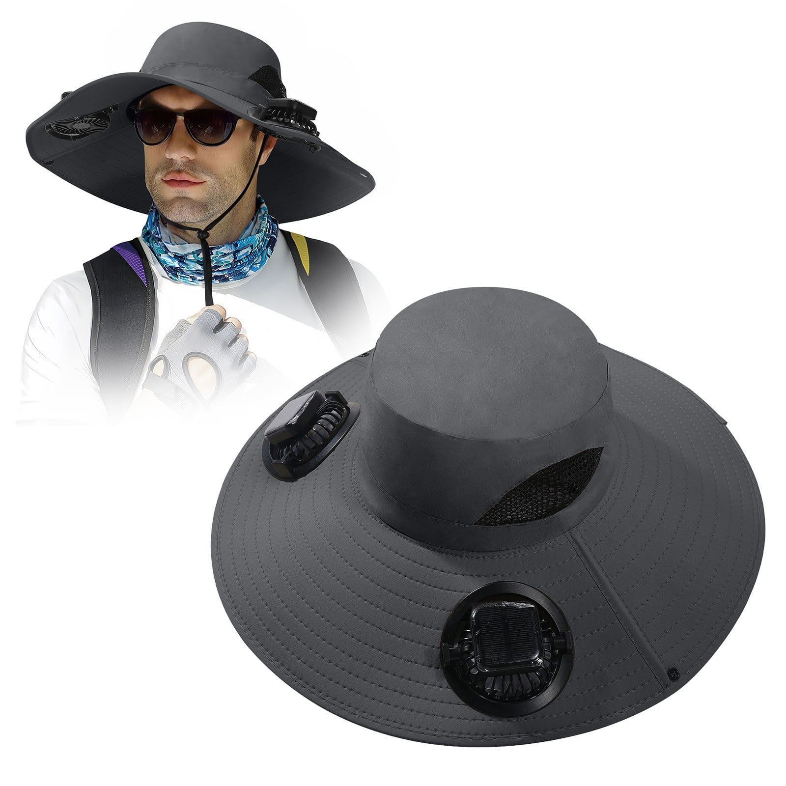 Wide Brim Solar Fan Outdoor Fishing Hat, 2 Solar Fan Hats for Men, USB ...