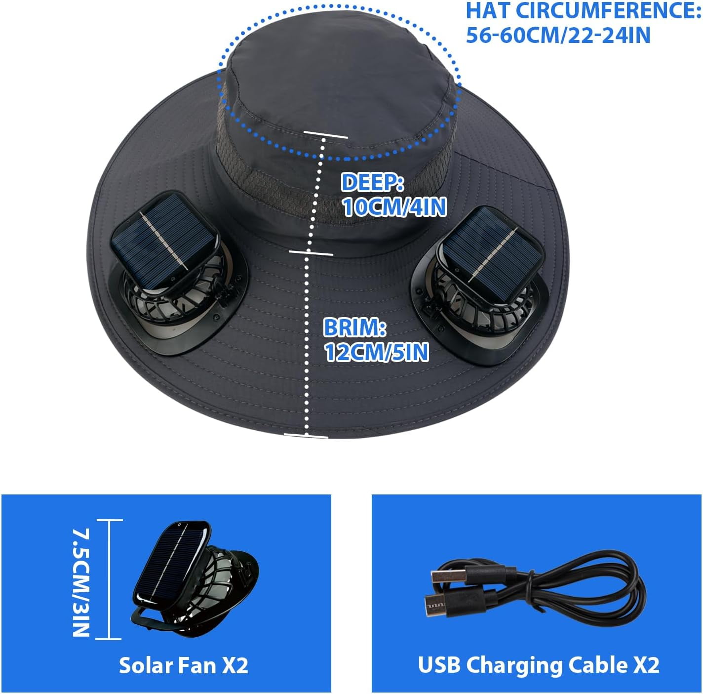 Wide Brim Solar Fan Outdoor Fishing Hat, 2 Solar Fan Hats for Men, USB ...