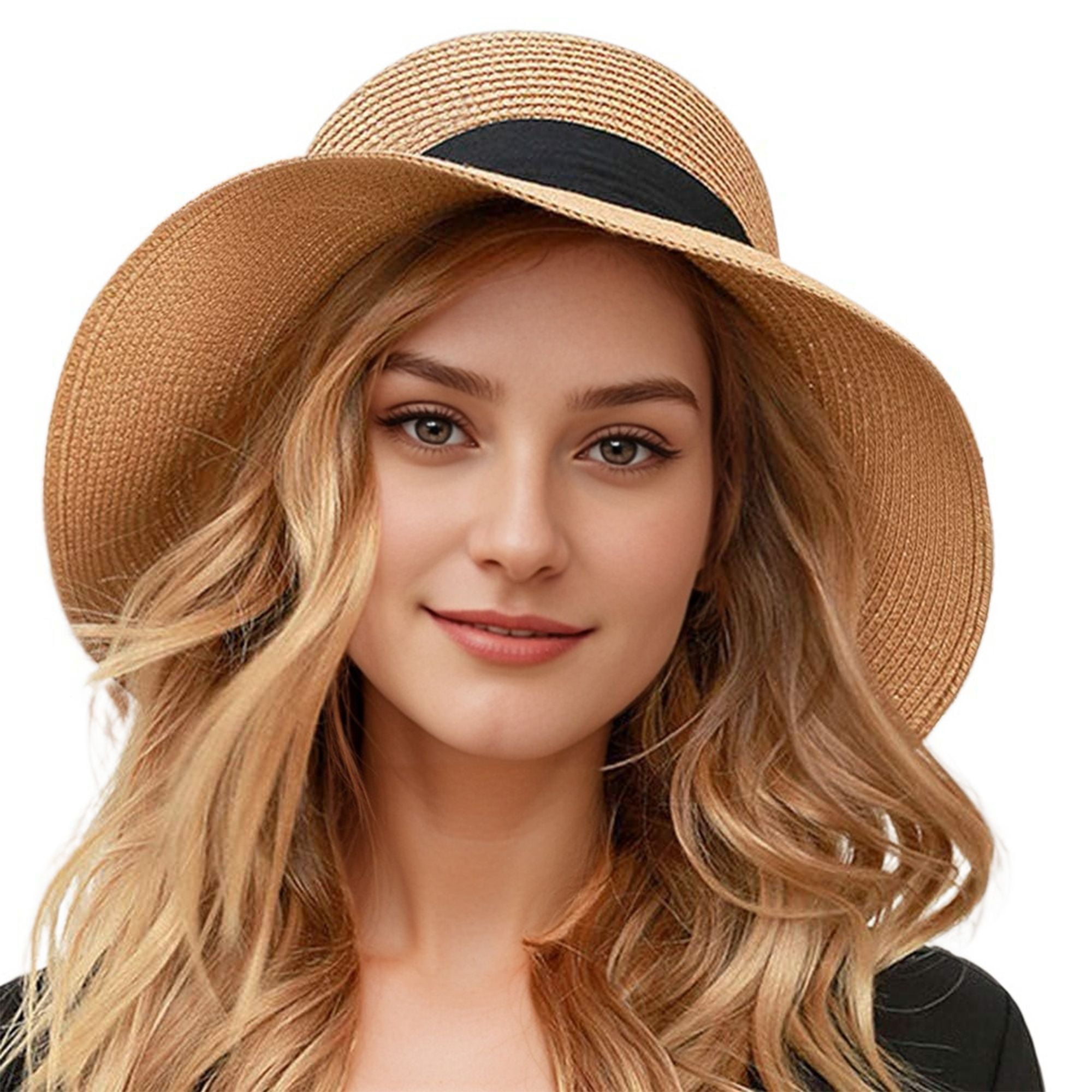 Wide Brim Straw Sun Hat with Black Ribbon Bow Adjustable Chin Strap ...