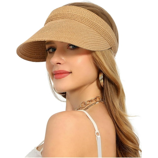 Wide Brim Straw Visor for Women Sun Hat UV Protection Packable Beach Cap for Summer UPF 50 ...