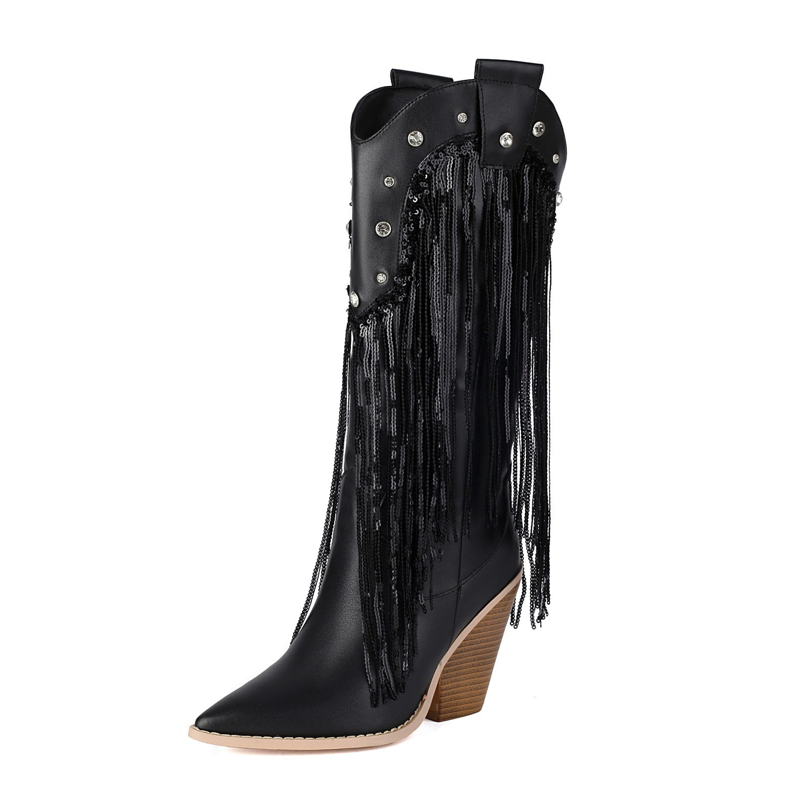 Wide Calf Cowboy Boots for Women Chain Tassel Goth Punk Leather Pointed ...