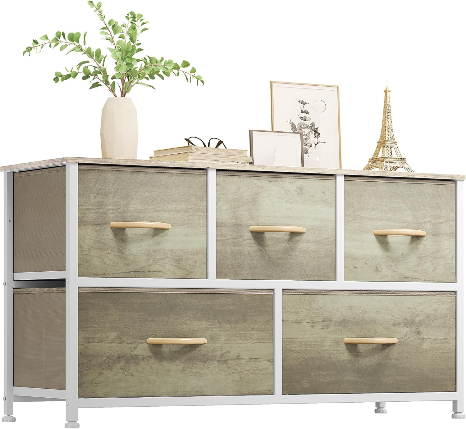 Wide Chest of Drawers, Dresser with 5 Drawers, Oak Greige Fabric ...