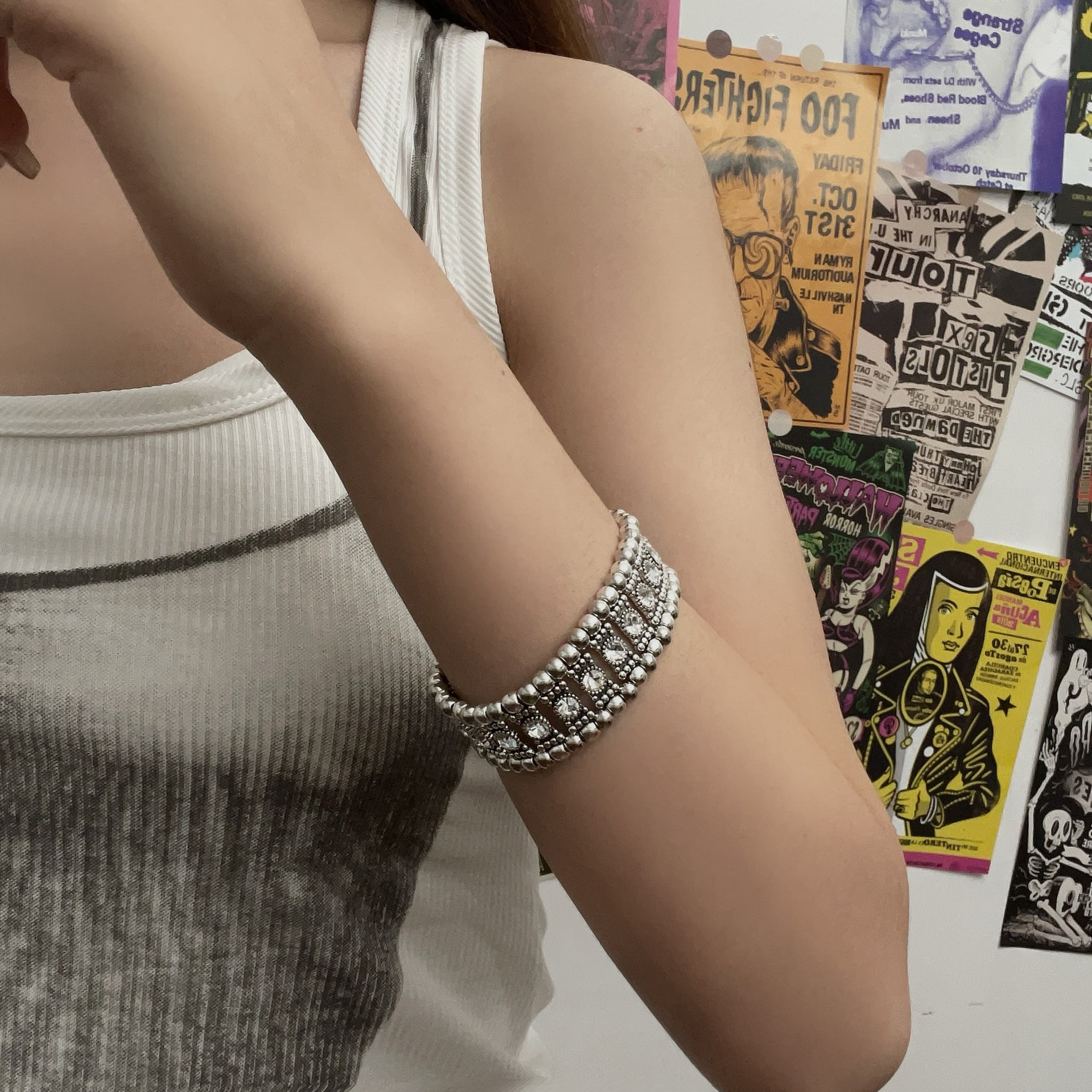 Wide Cuff Bracelet - Rhinestone-Encrusted Y2K Stackable Bangle, Global Folk Style for Edgy ...