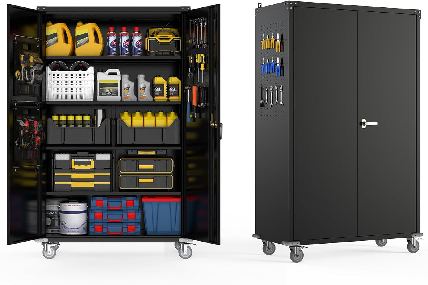 Wide & Deep Garage Storage Cabinet with Wheels & Pegboards, 72"H Metal ...