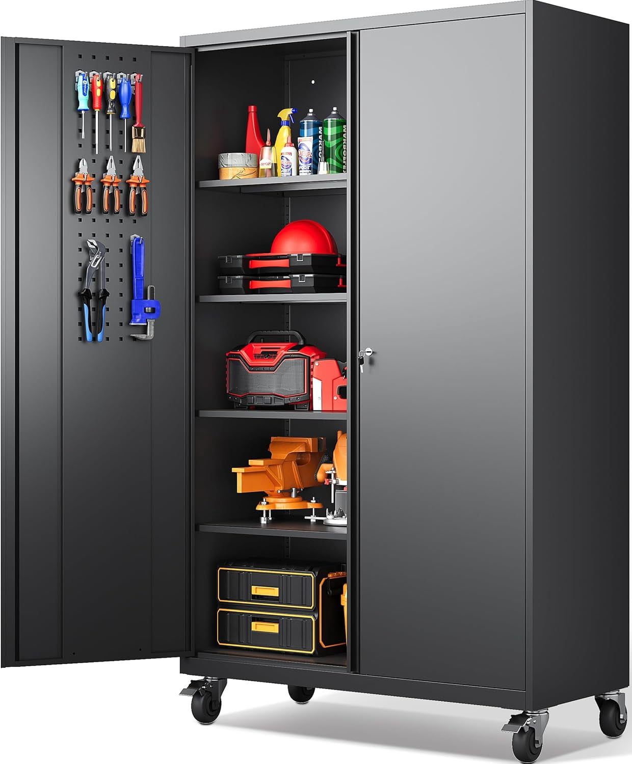 Wide & Deep Metal Storage Cabinet with Wheels,Tall Rolling Garage ...