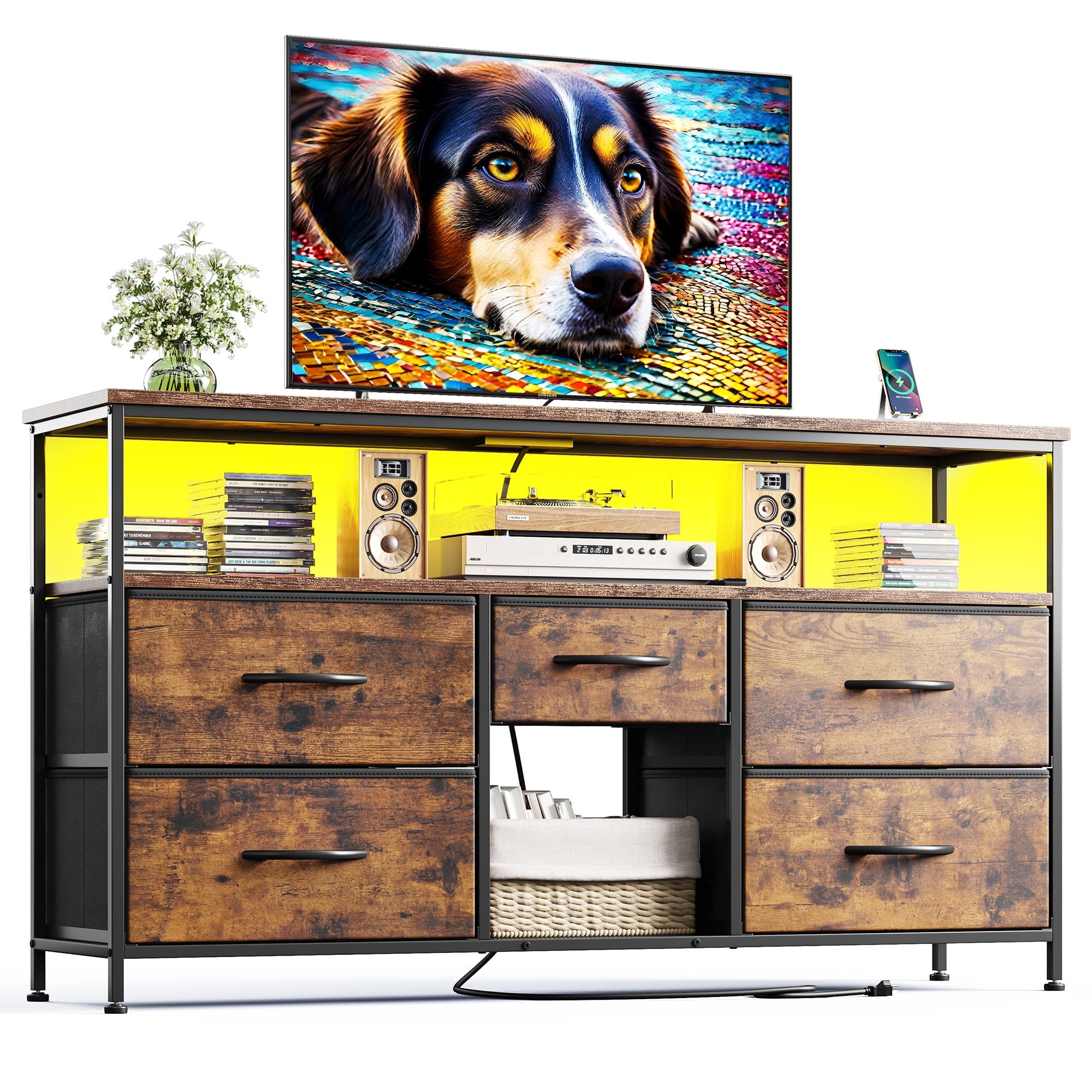 Romorgniz Wide Dresser with 5 Drawers for 50" TV Stand with Power ...