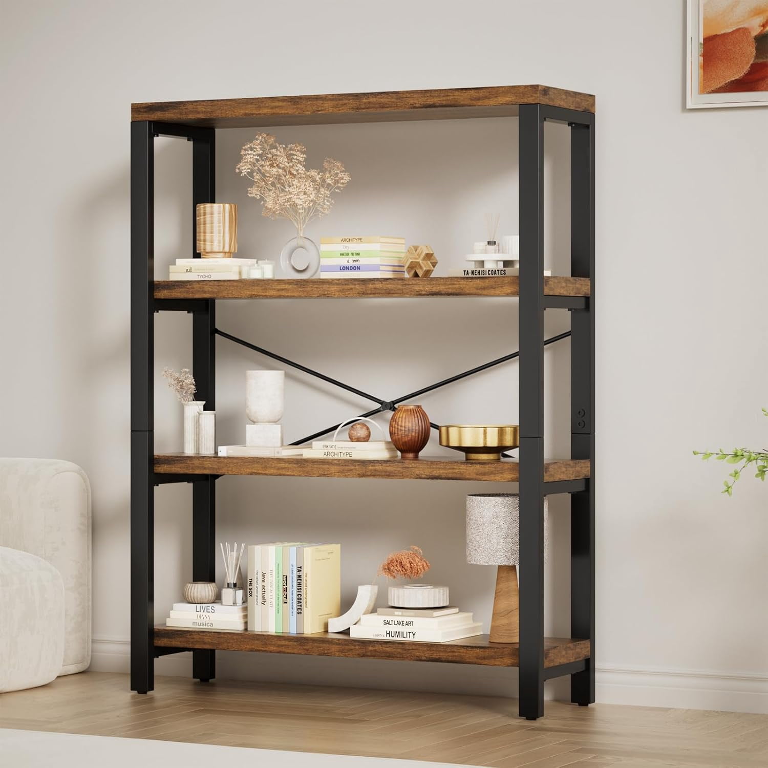 Wide Heavy Duty Bookshelf, Industrial Wood and Metal Bookshelf, Vintage ...