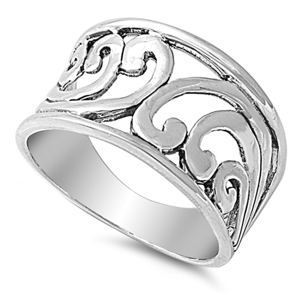 Wide Large Filigree Wave Cutout Ring .925 Sterling Silver Band Jewelry ...