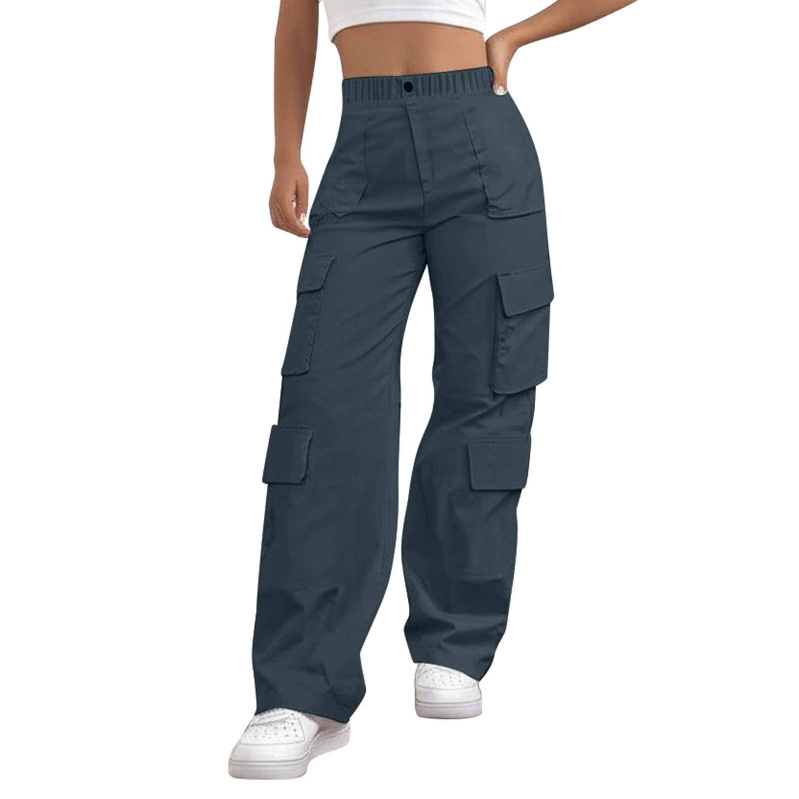 Wide Leg Cargo Pants Women's Cargo Pants Solid Color Elastic Zipper ...