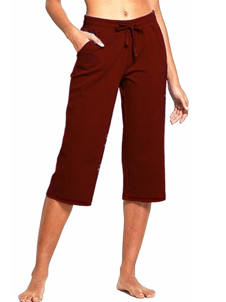 Wide Leg Casual Pants Women Solid Elastic Waist Capris