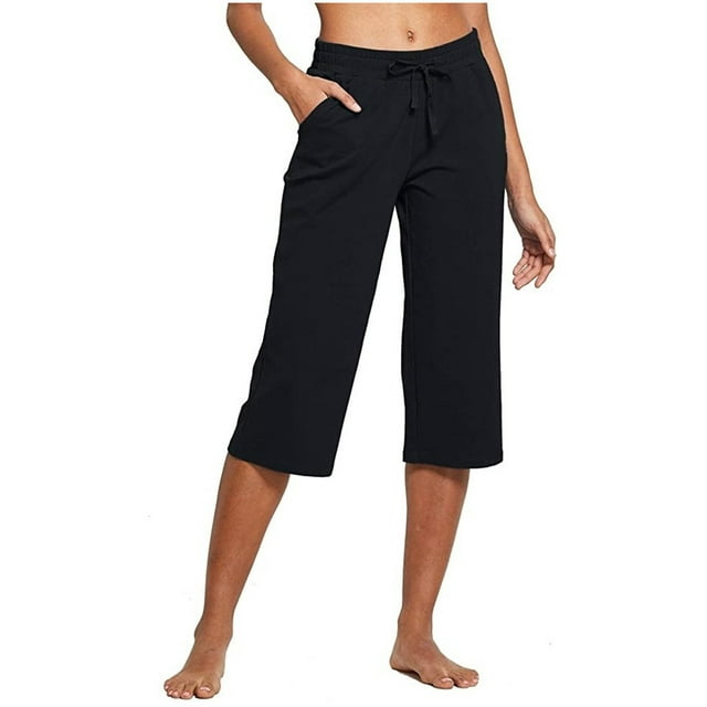 Wide Leg Casual Pants Women Solid Elastic Waist Capris