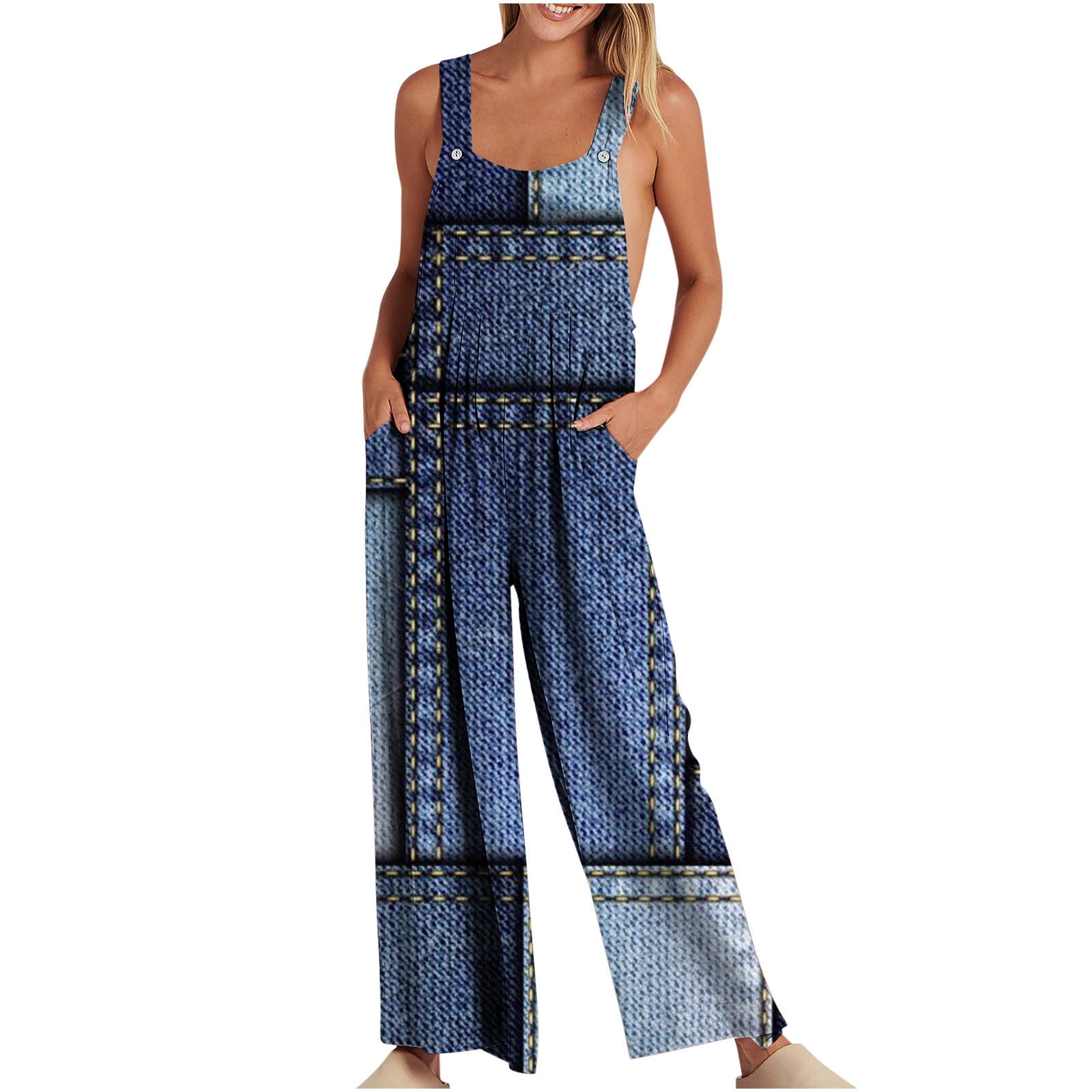Wide Leg Dungarees for Women Print Casual Loose Button Suspender ...