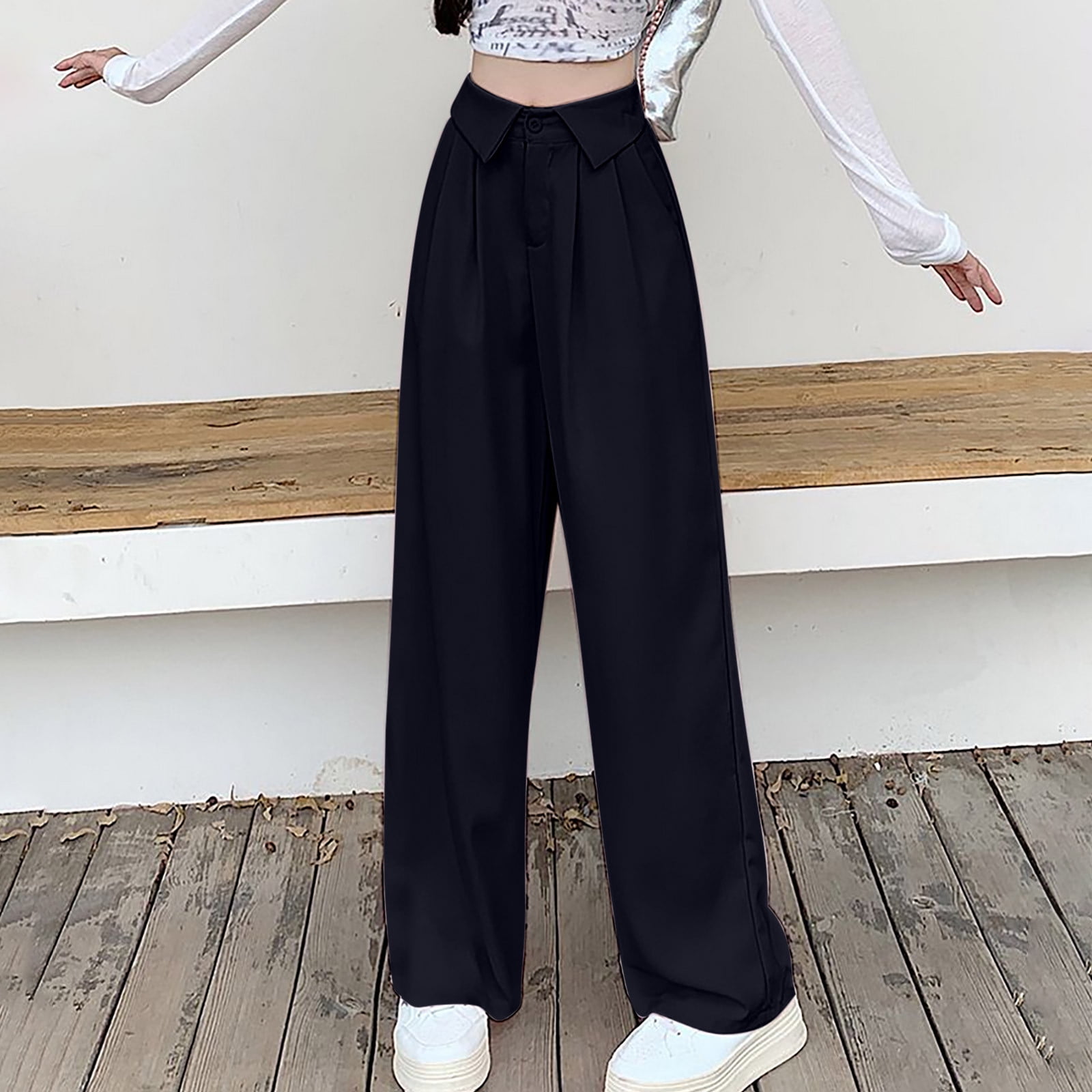 Wide Leg High Waist Pants, Loose Fit Casual Straight Pants, 100% Cotton ...