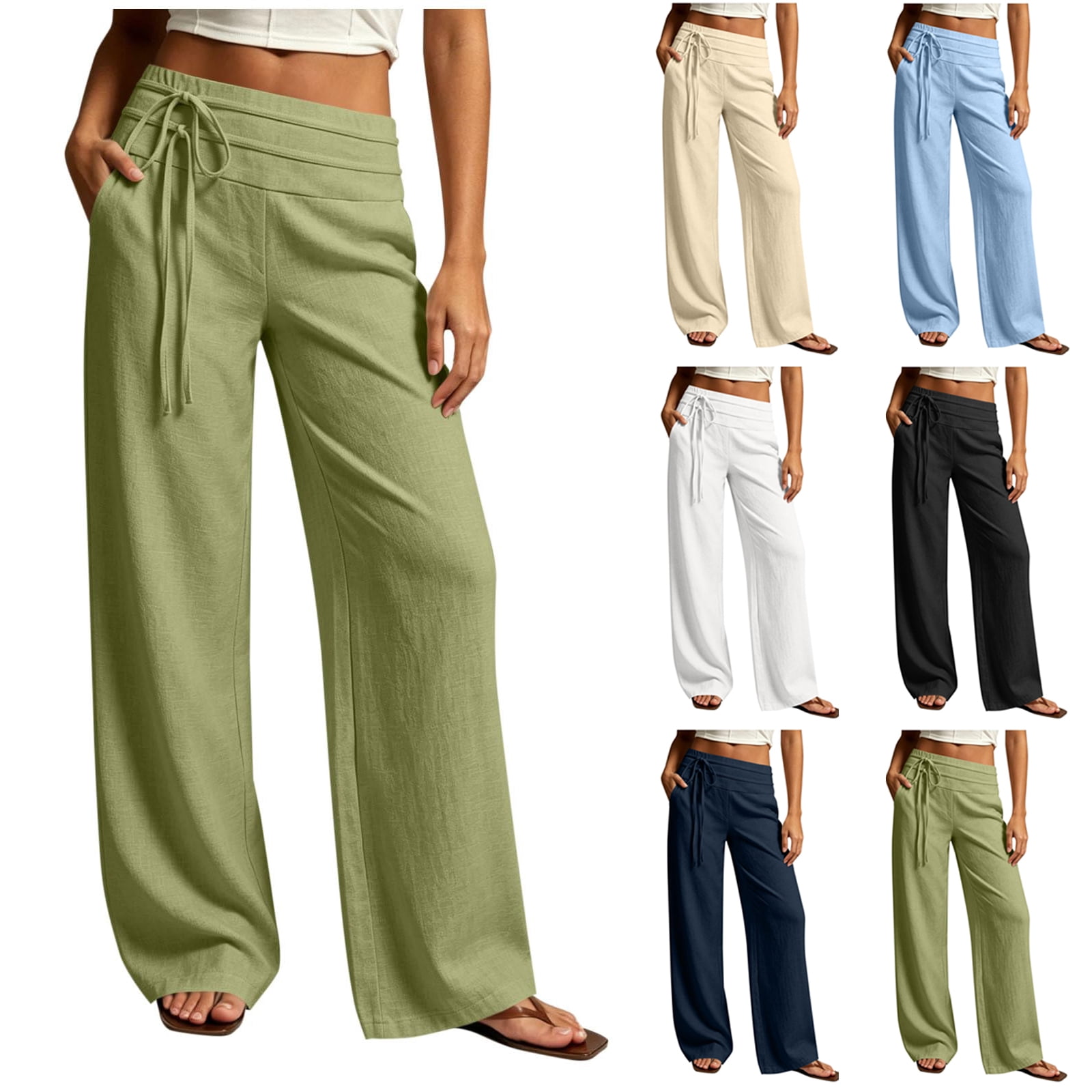 Wide Leg Linen Pants for Women Loose Flowy Palazzo Drawstring Elastic ...